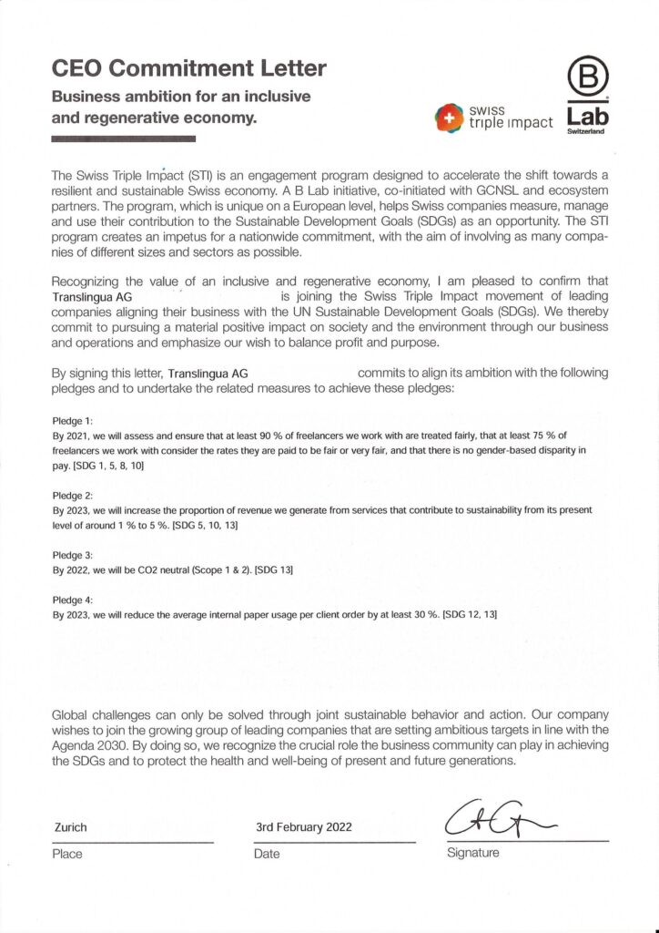 Translingua AG • CEO Commitment Letter